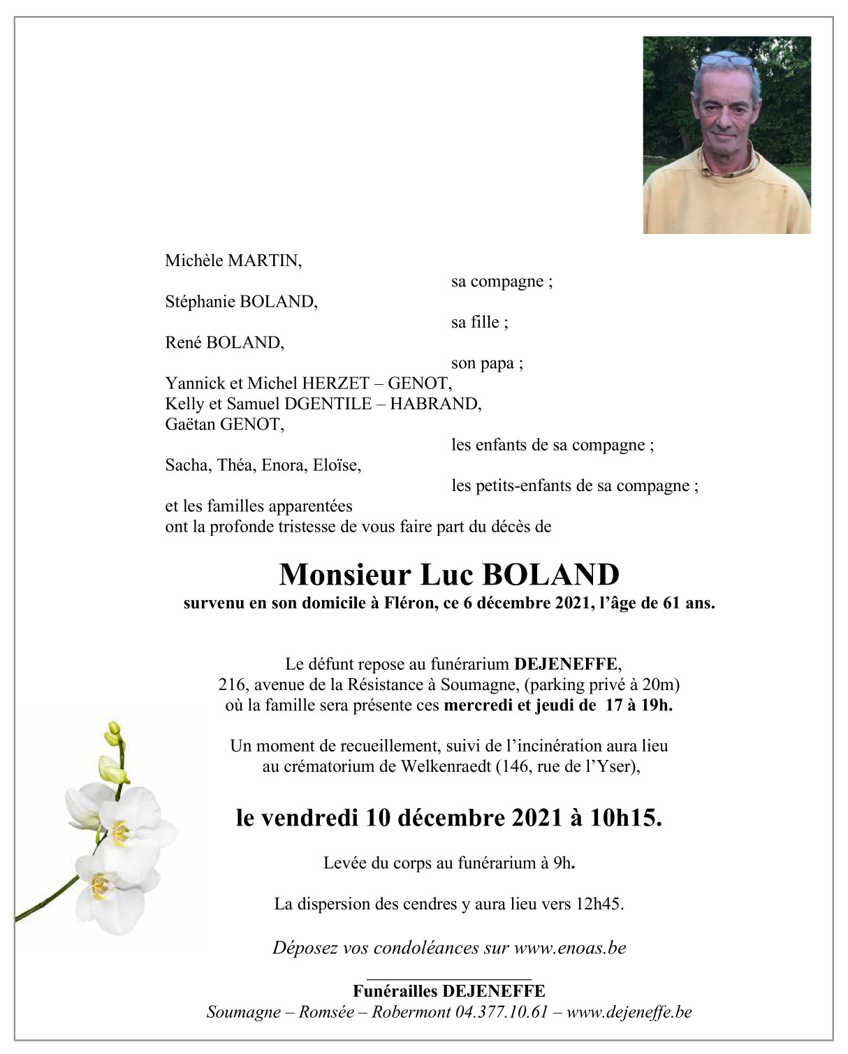 Décès de Monsieur Luc Boland (06-12-21), Annonce nécrologique